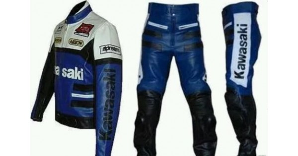 KAWASAKI BLUE MOTORBIKE/MOTORCYCLE LEATHER SUIT- CE APPROVED FULL ...